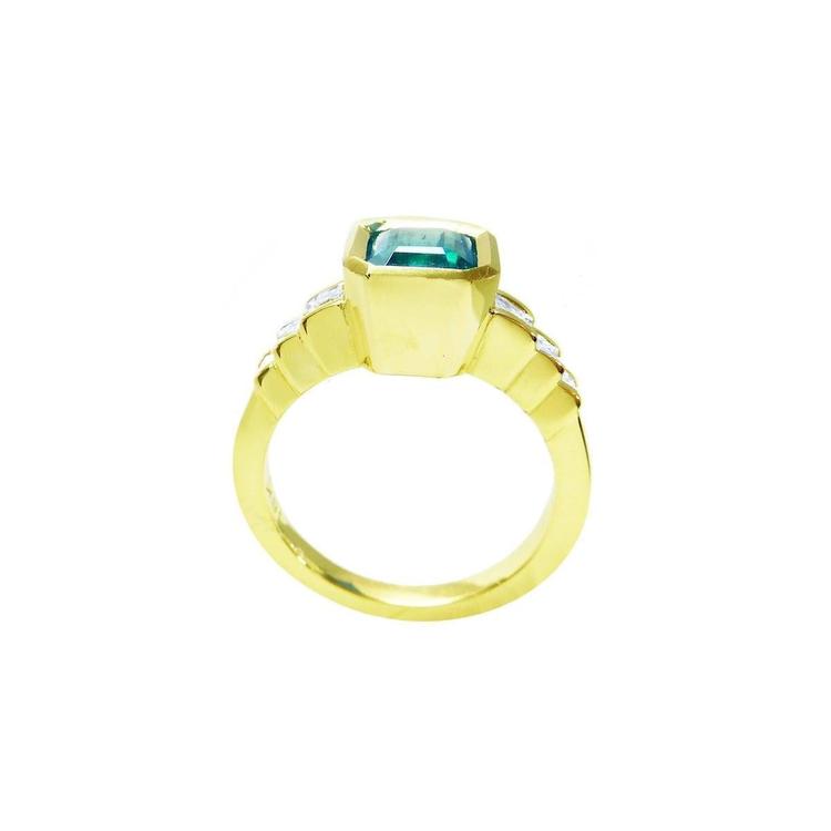 Emerald Ring Bezel Set Princess cut Diamonds 18K Gold